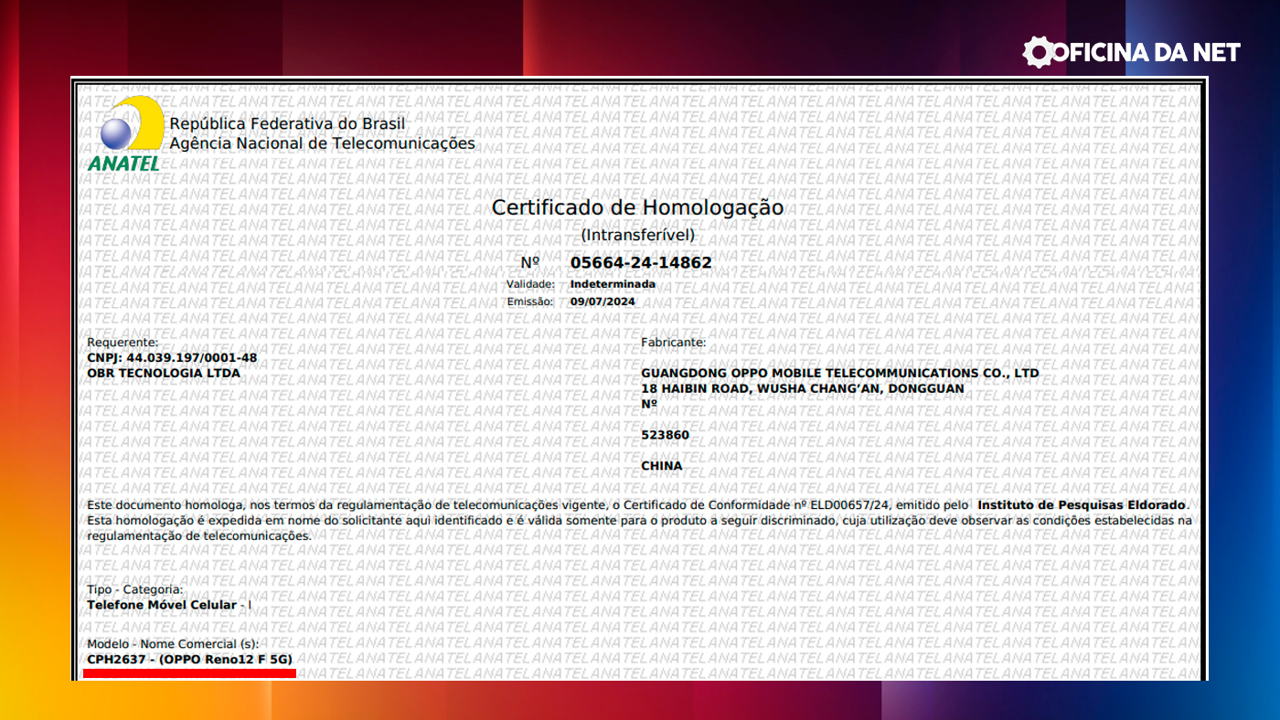 OPPO homologa na Anatel o Reno12 F, e já pode ser vendido no Brasil