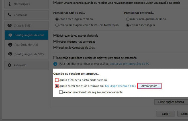 Como mudar a pasta de downloads do Skype?