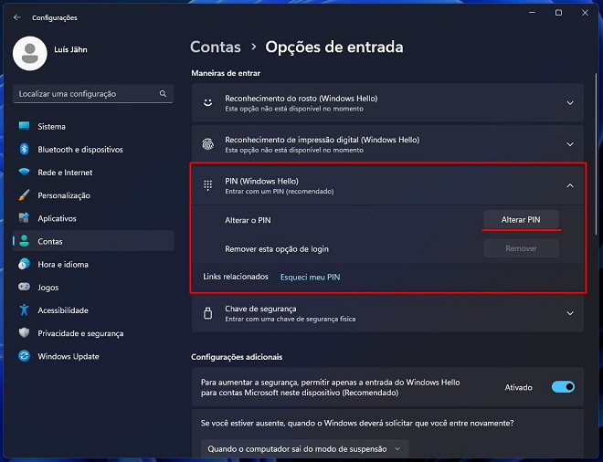 Como alterar ou remover o PIN do Windows 11?