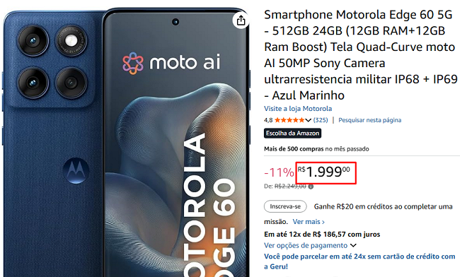Motorola Edge 60 de 512 GB despenca de preço e fica mais barato na Amazon