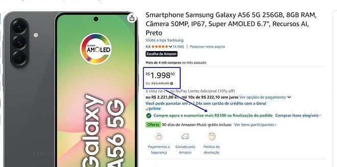 Galaxy A56 de 256GB surge baratíssimo na Amazon com 45% de desconto